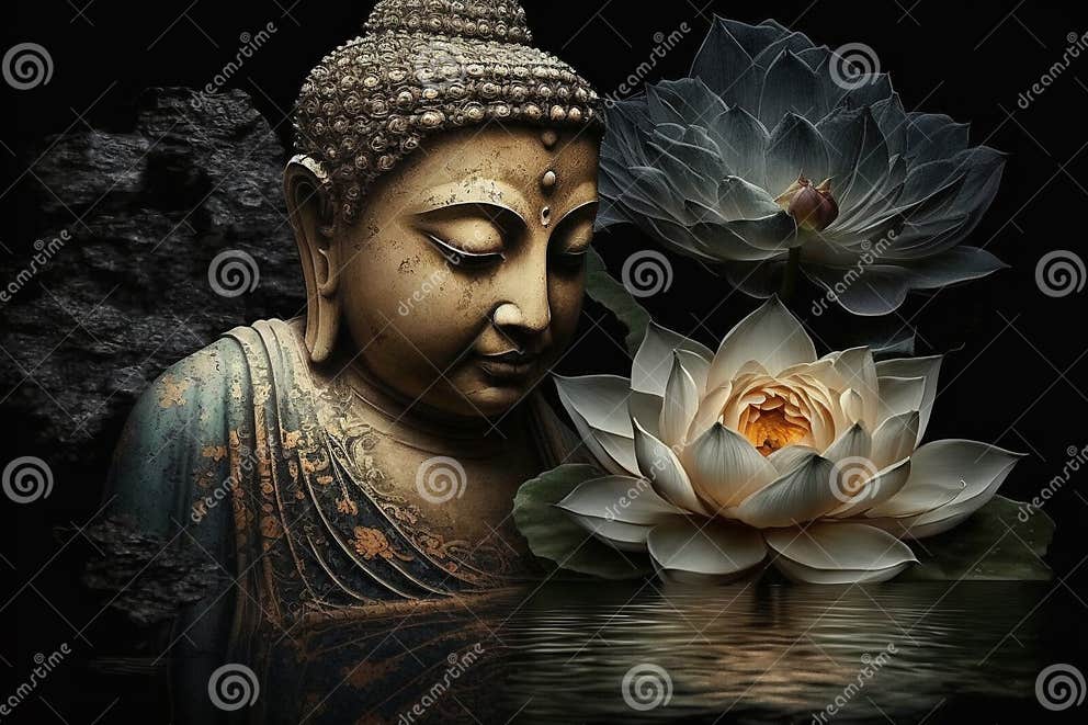 Spiritual Buddha Statue Meditating With Lotus Flower Buddhist Religion