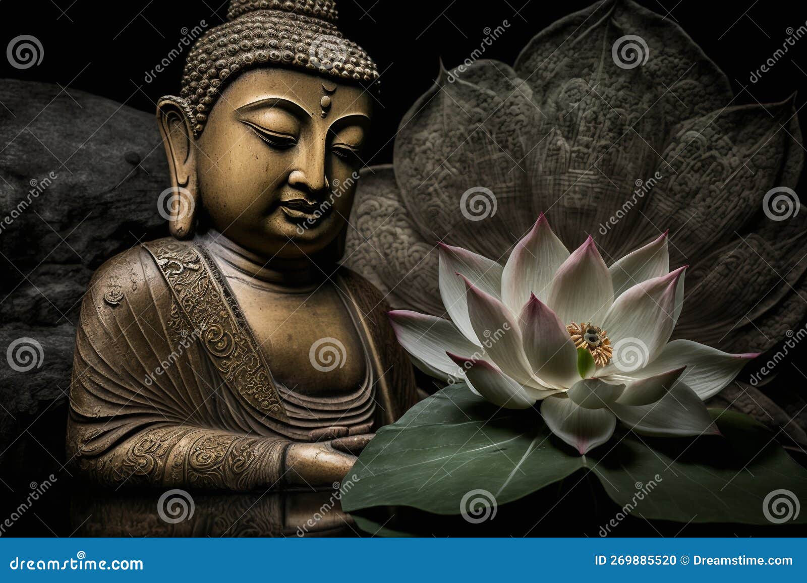 Spiritual Buddha Statue Meditating With Lotus Flower Buddhist Religion