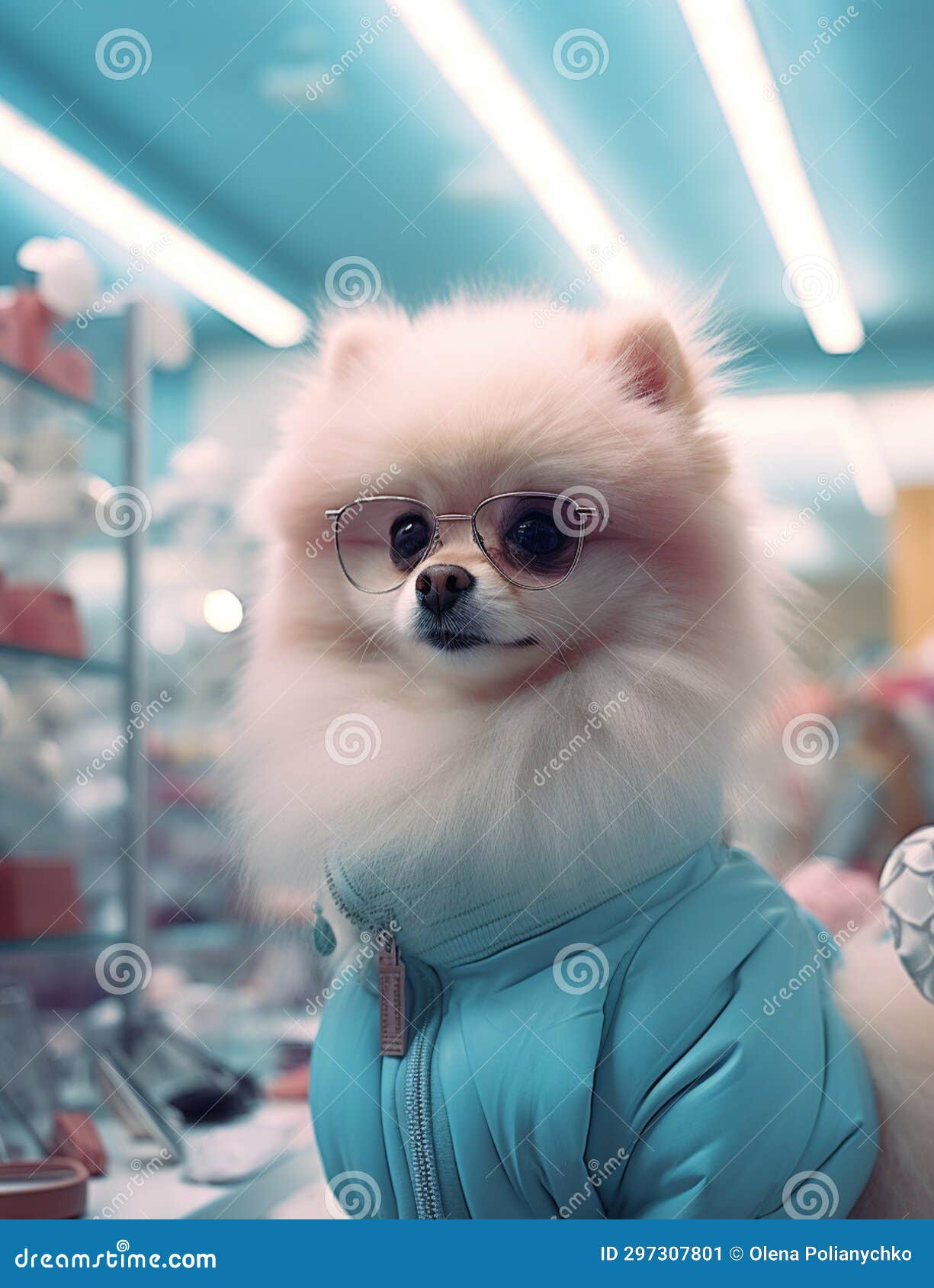 Spitz Dog in Blue Overalls and Glasses Stock Illustration ...