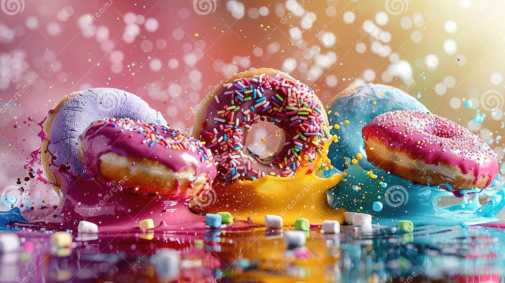 Splash of Donuts with Different Sprinkles. Selective Focus Stock Photo ...