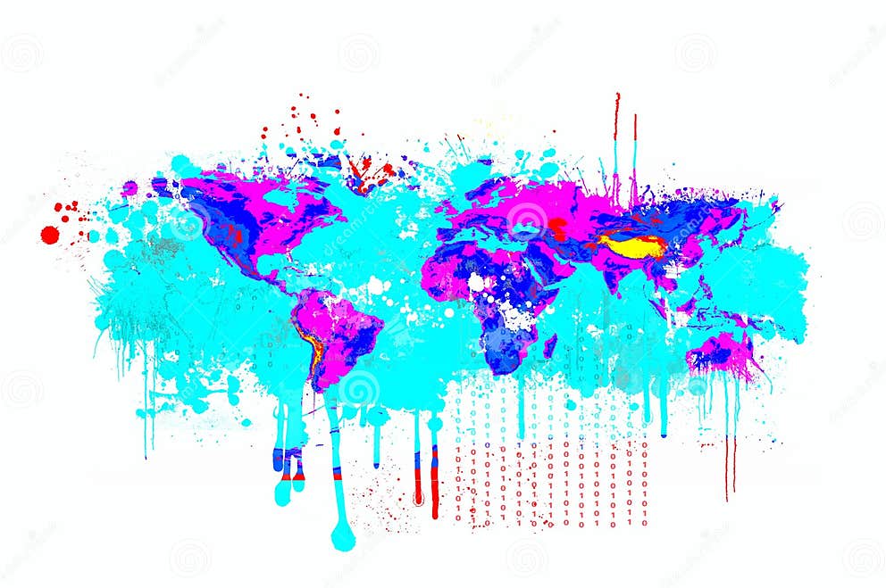Splash Dripping World Map in Blue and Magenta Colors. Basic Image of ...