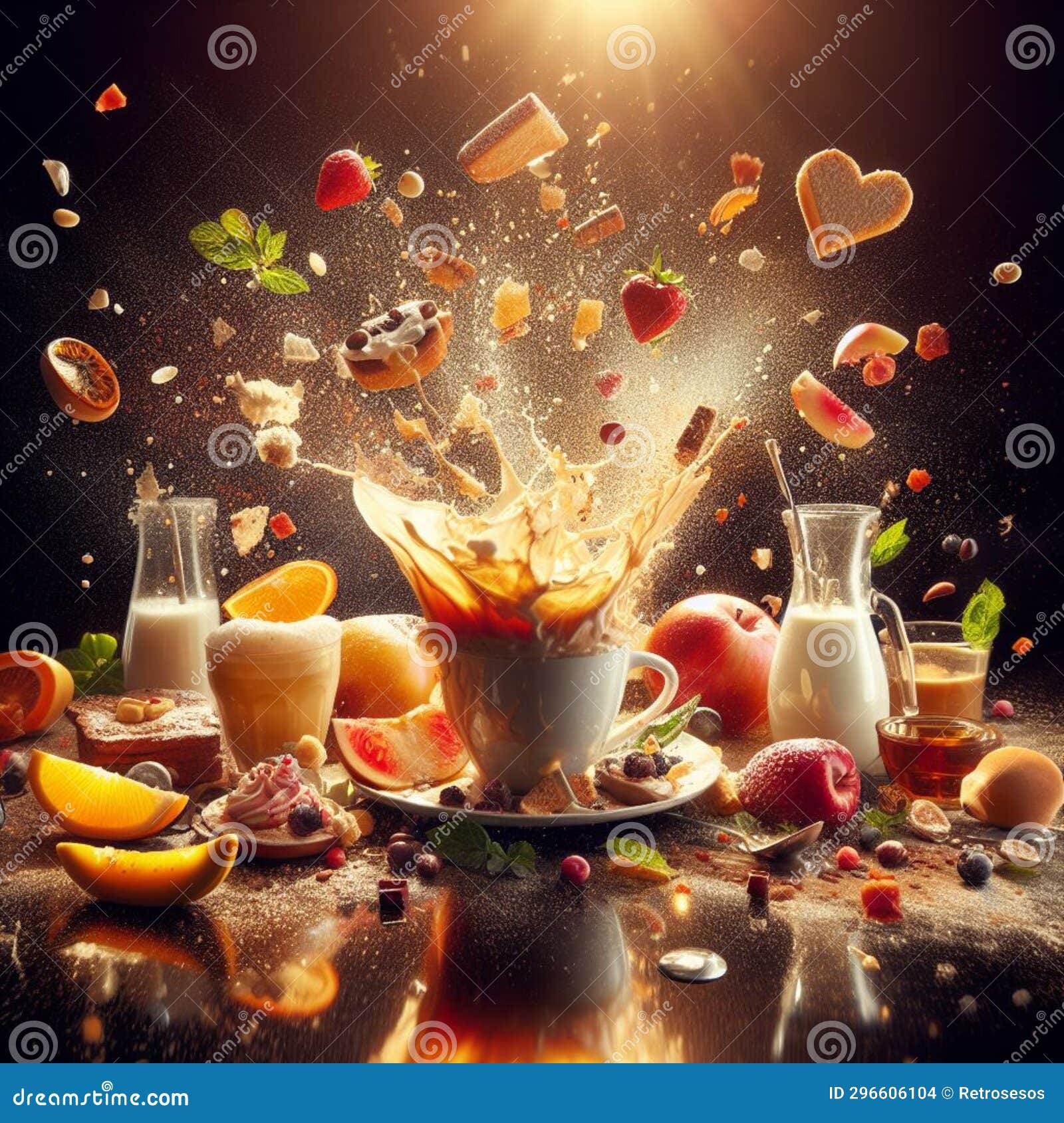Splash and Flying Breakfast Elements Food and Drink, Cappuccino, Fruit ...