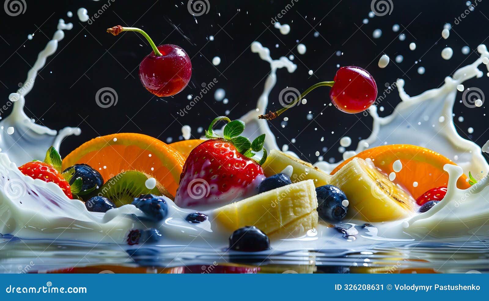 A splash of fruit in milk stock image. Image of generated - 326208631