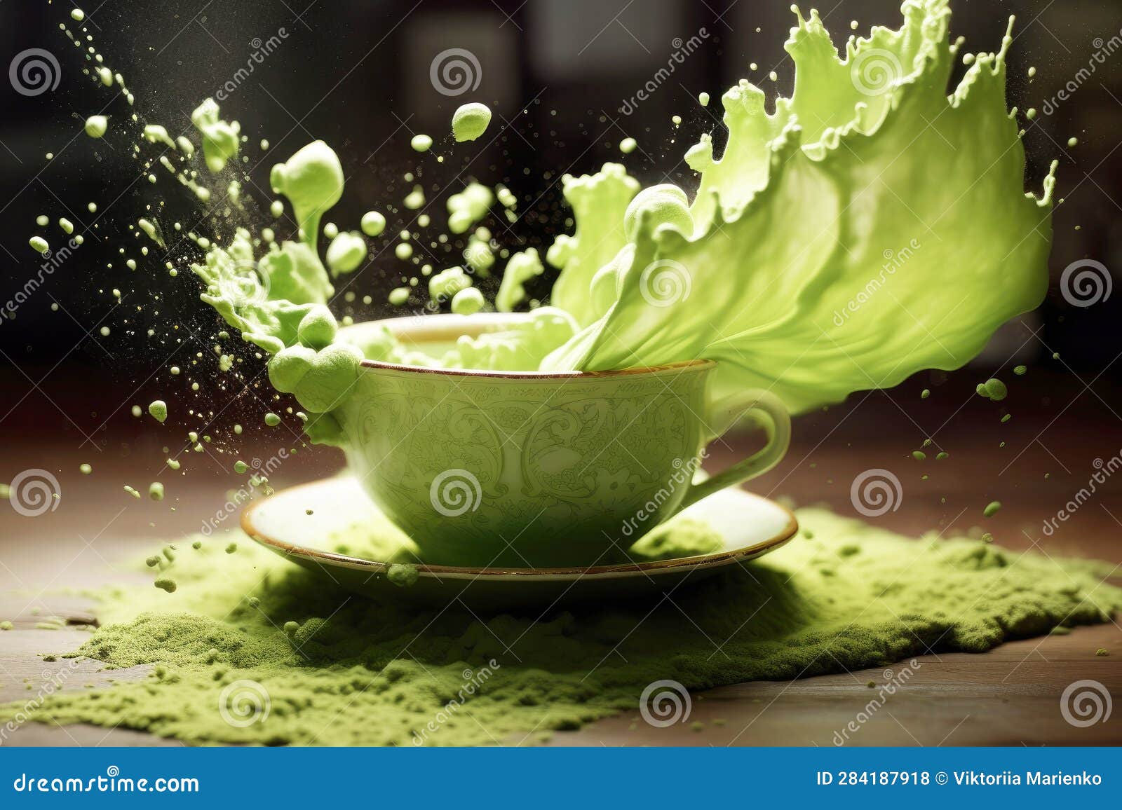 A Splash of Japanese Matcha Green Tea in a Cup. Side View Stock ...