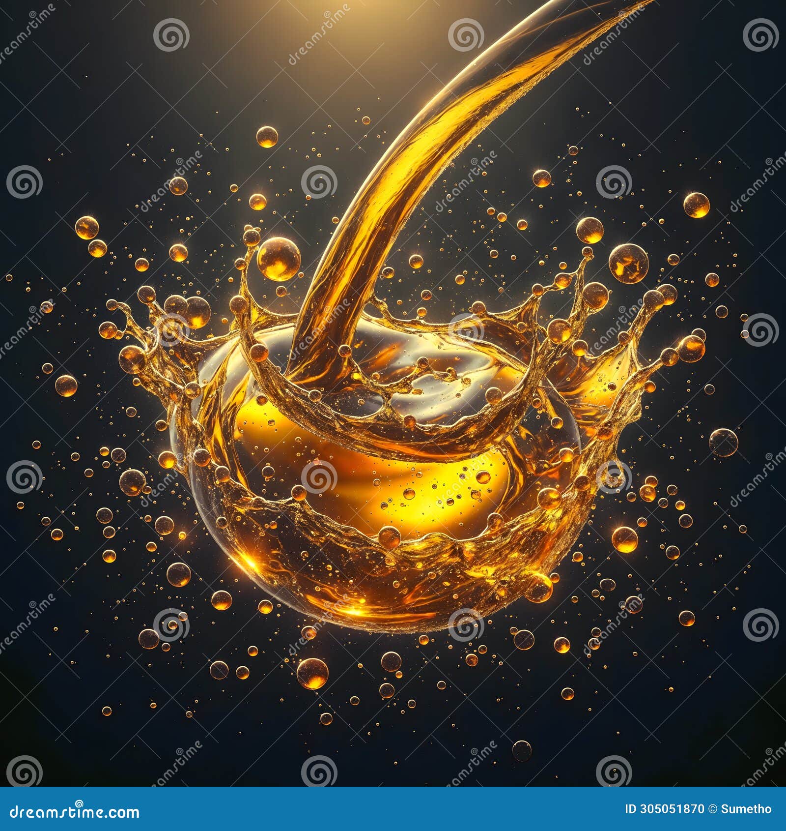 A Splash of Liquid Gold, with Droplets in Motion, Forms a Wave-like ...