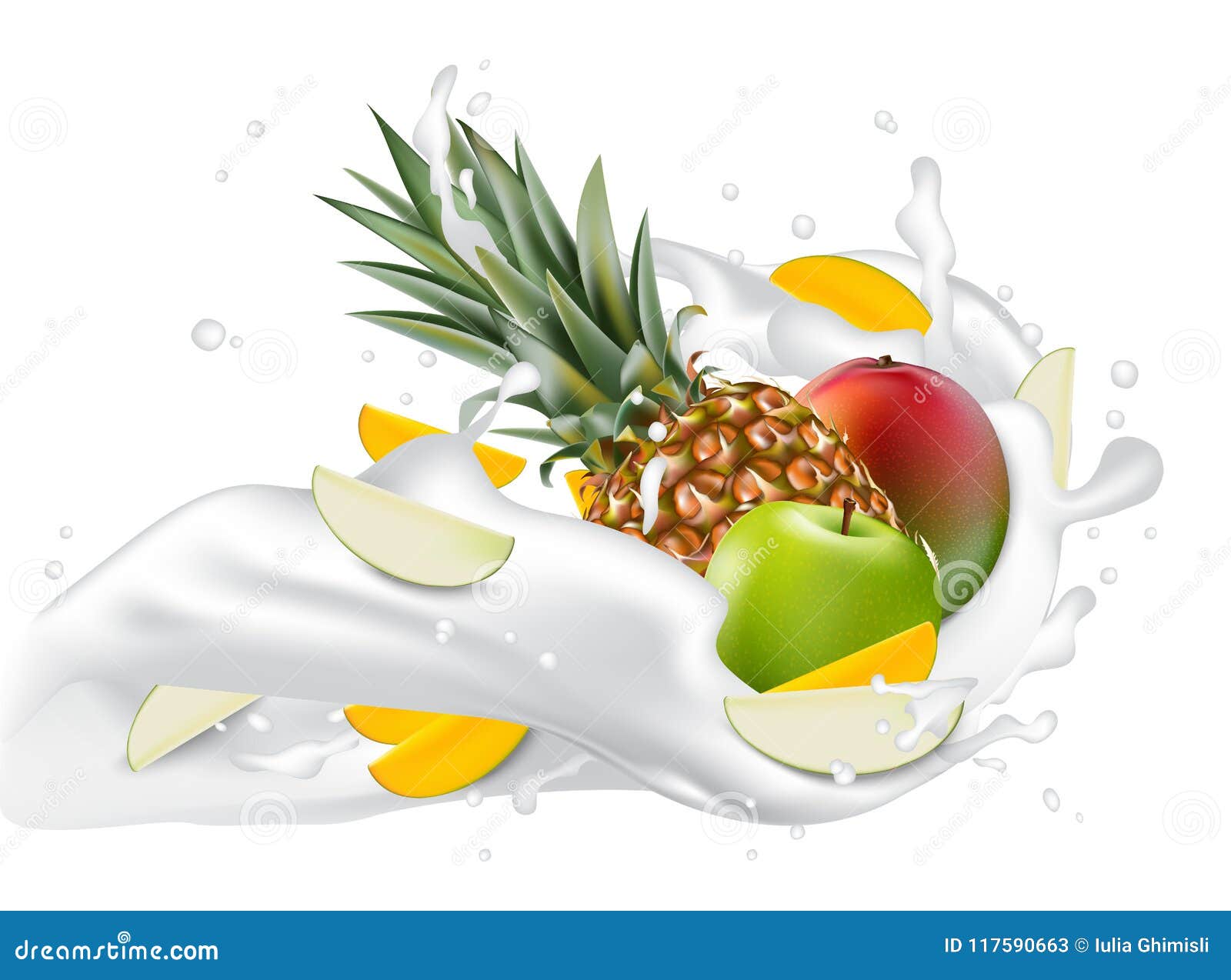 Splash of Milk. Mango, Apple and Pineapple Stock Vector - Illustration ...