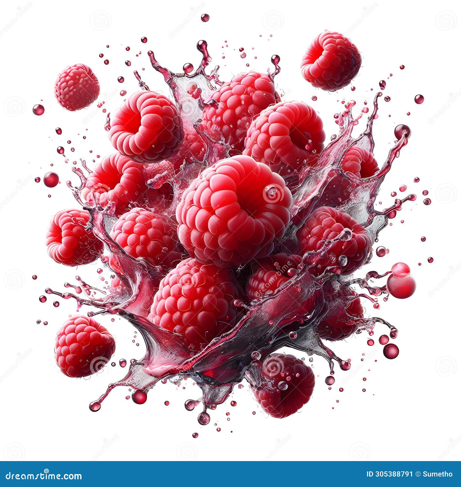 A Splash of Raspberry Juice Surrounds a Cluster of Raspberries, Some of ...