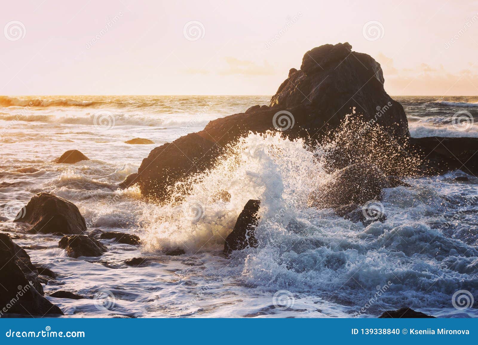 Splash of Sea Waves at Sunset. Stock Photo - Image of light, landscape ...