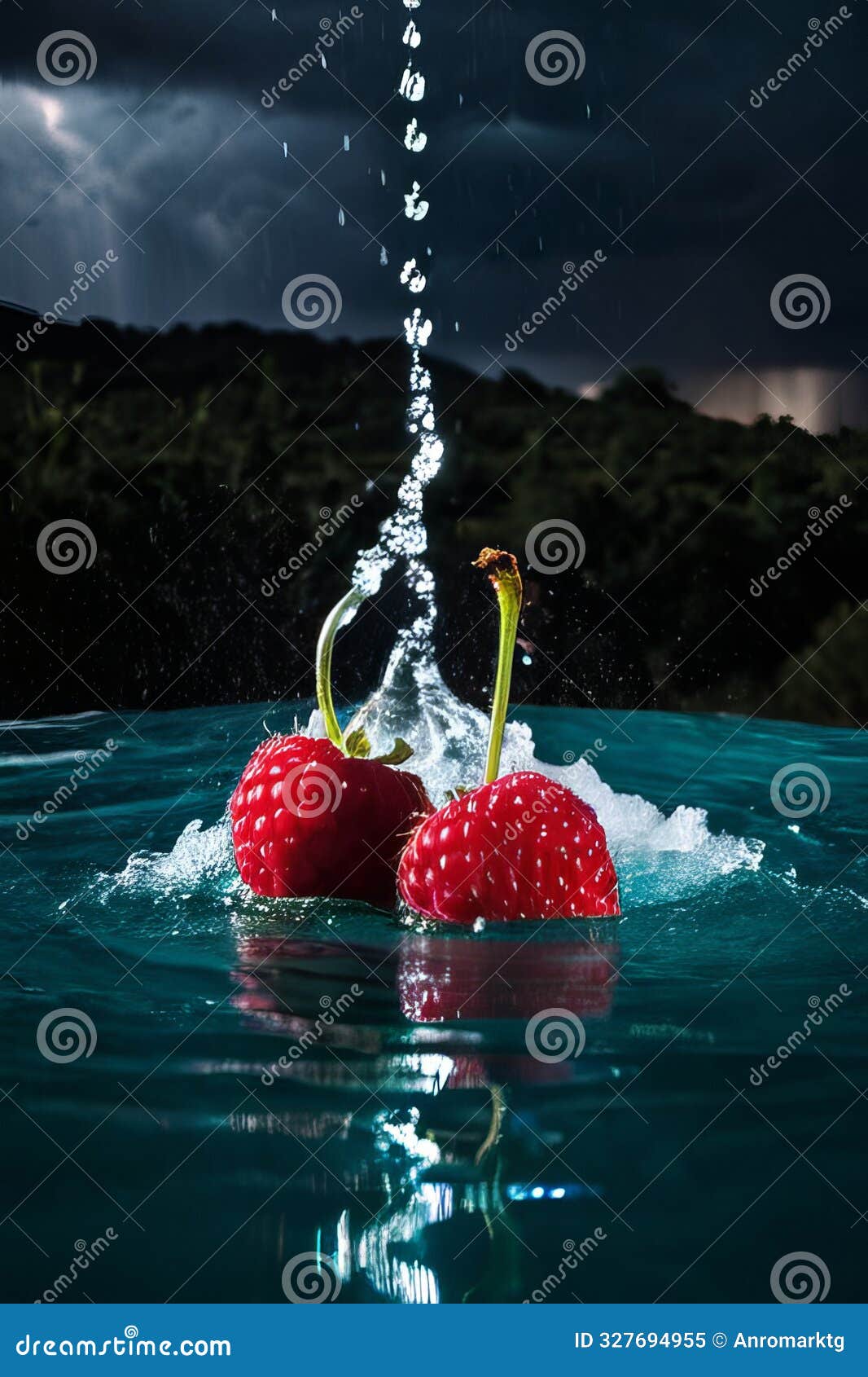 Splash Water Aggregate Raspberry Fruit Surrounded by a Storm of Water ...