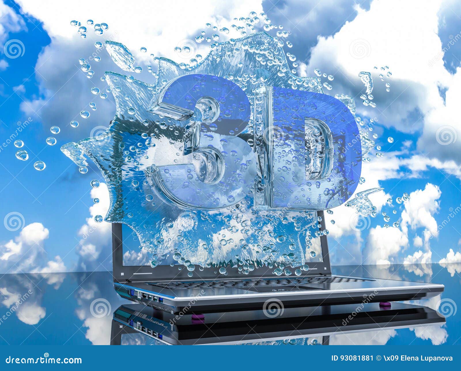 Splash Water from the Laptop Screen with Symbols 3d, 3d Render Stock ...