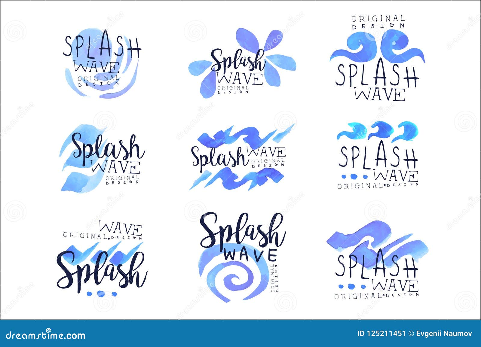 Splash Wave Logo Template Set, Hand Drawn Vector Illustrations in Blue ...