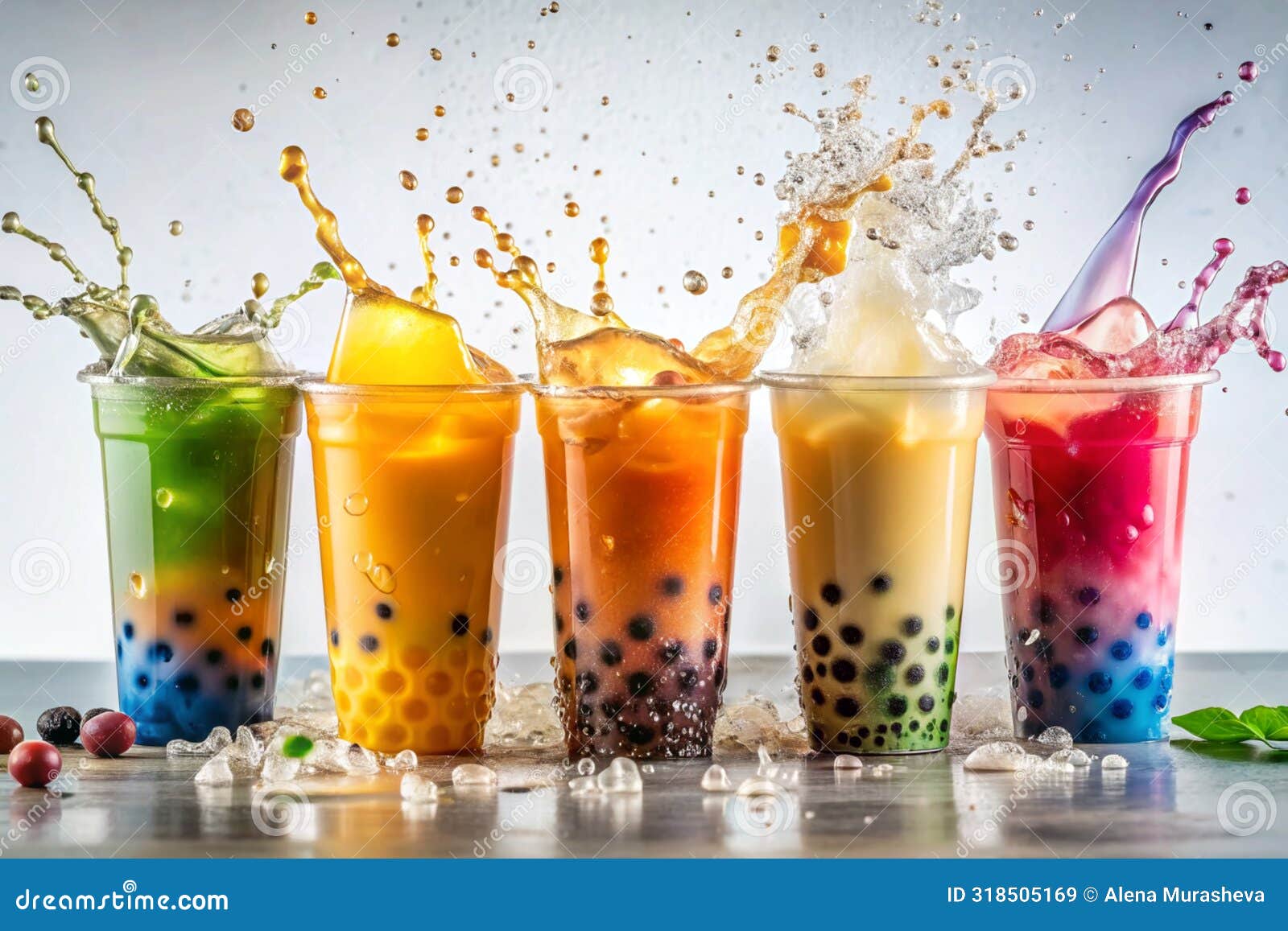 Splashes Of Bubble Tea On White Background. Colorful Glasses Of Fruit ...