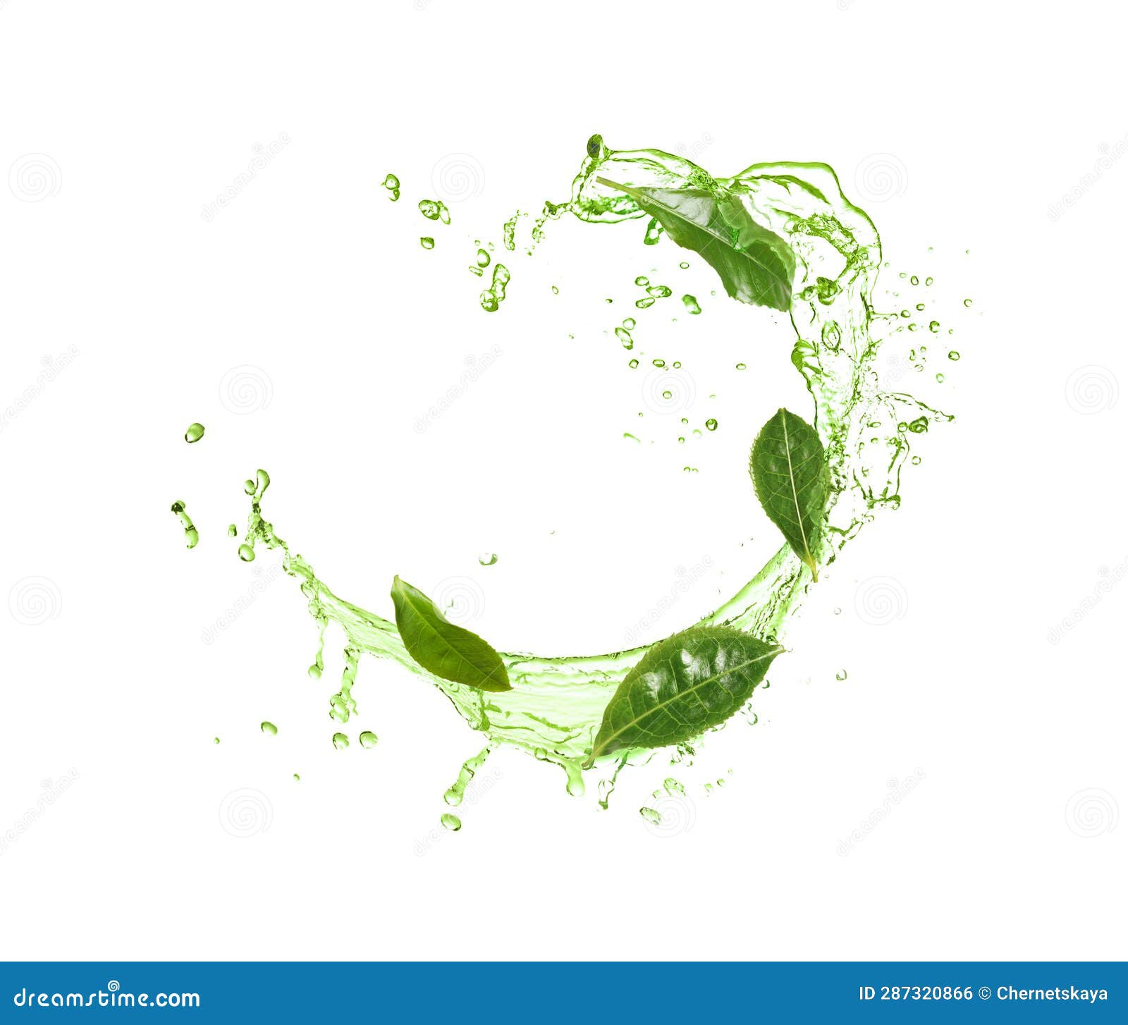 Splashes of Refreshing Drink with Leaves on White Background. Green or ...