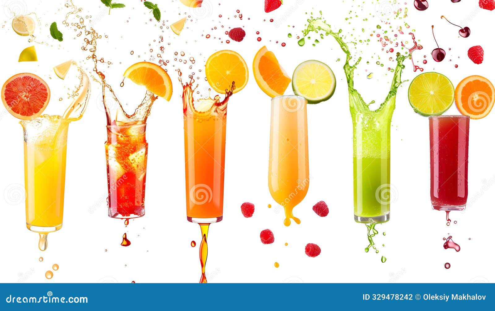 Splashing Different Fresh Juices Isolated on White, Collage Stock ...