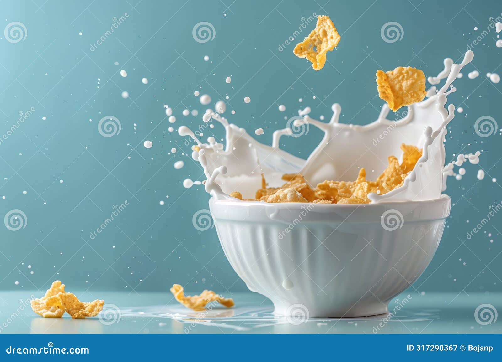 Splashing Milk into Corn Flakes Bowl on Blue Bowl Stock Illustration ...