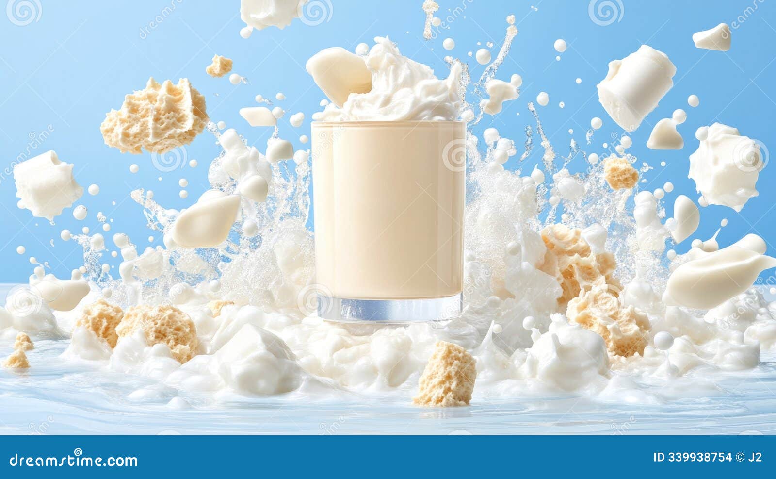 Splashing Milk and Popcorn Explosion with Creamy Texture on Blue ...