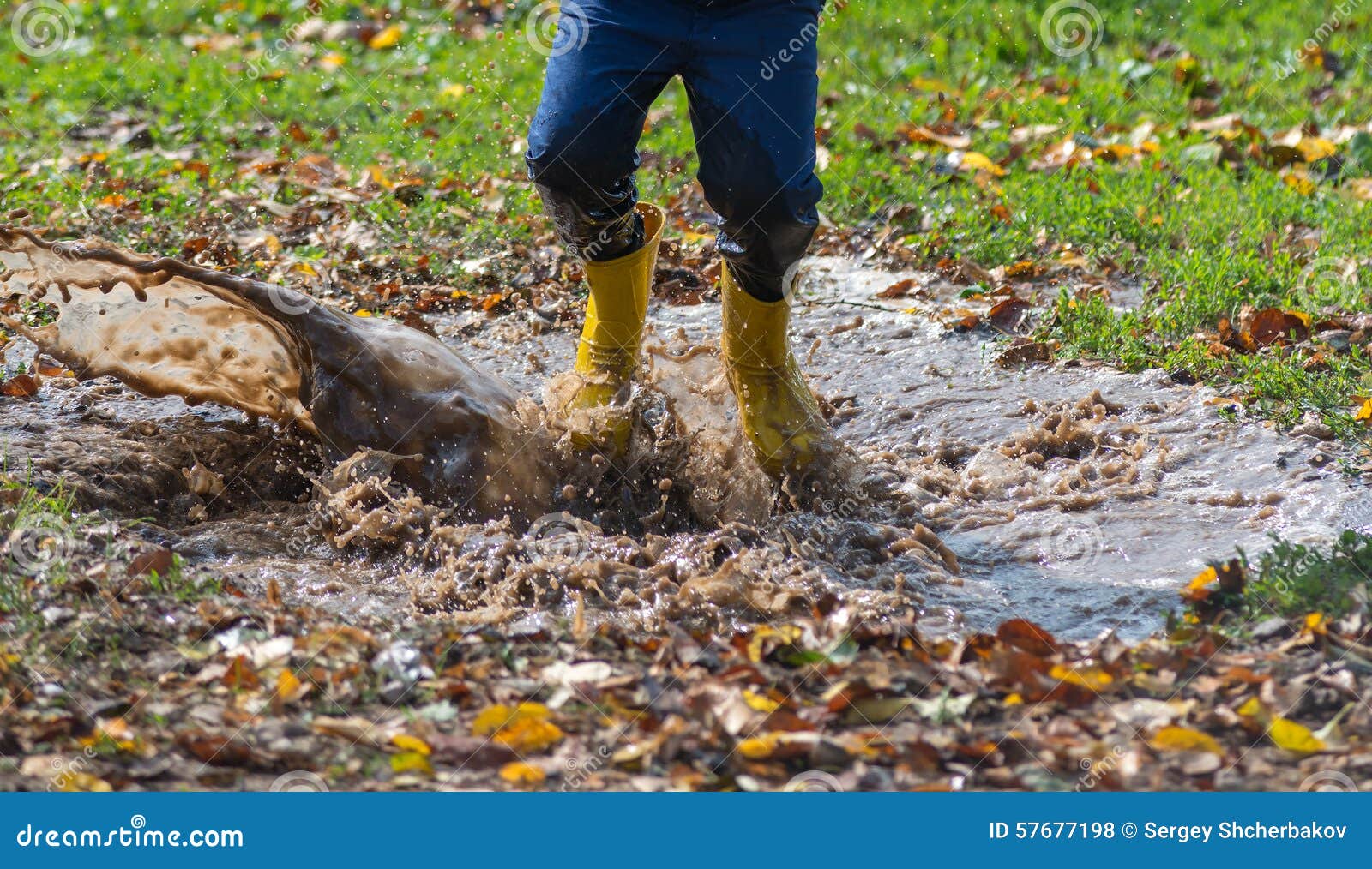 Splashing in puddle stock photo. Image of boot, close - 57677198