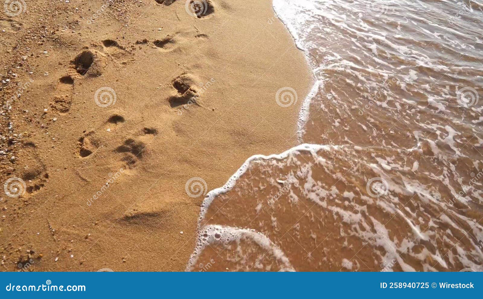Splashing Sea Waves at the Beach with Footprints on the Sand Stock ...