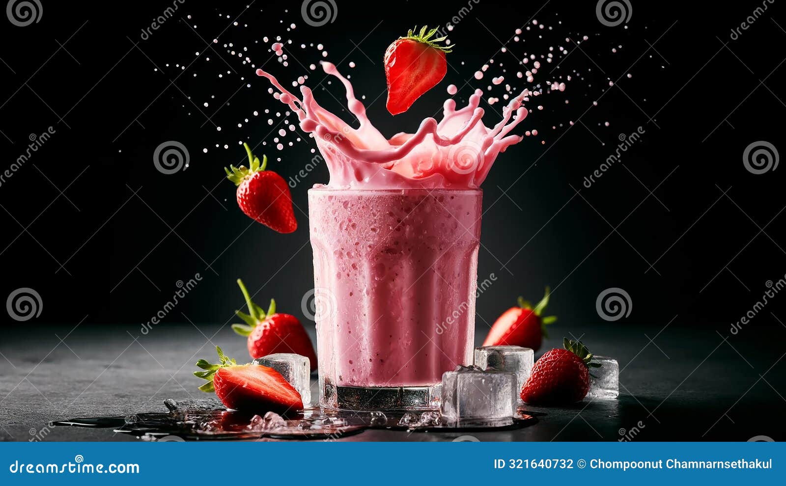 Splashing Strawberry Milkshake with Ice and Fresh Strawberries on a ...