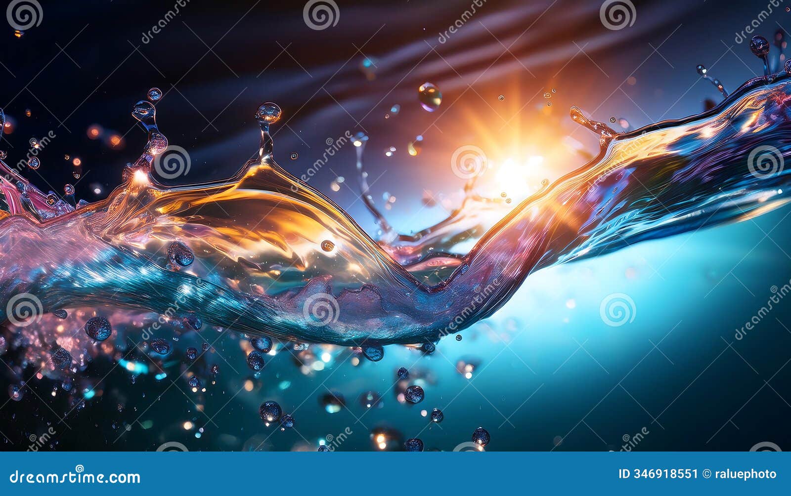 Splashing Water Waves with Bubbles and Colorful Light Effects Stock ...