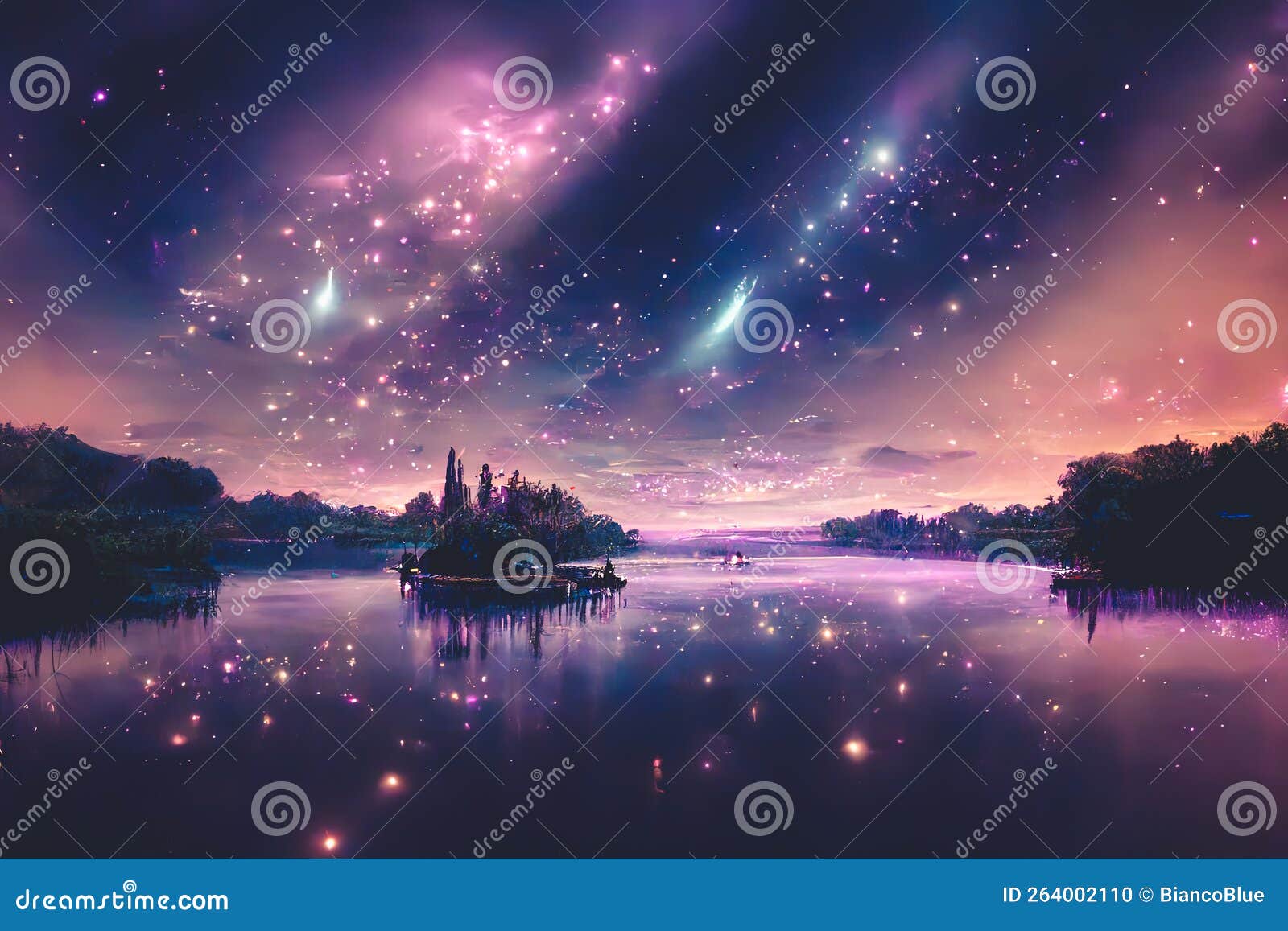 Splendid Starry Night Lake in Digital Art 3D Illustration. Stock ...
