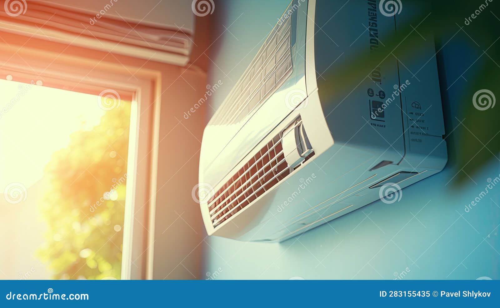 Split Air Conditioner on Color Outdoor Wall. Closeup Image Stock ...