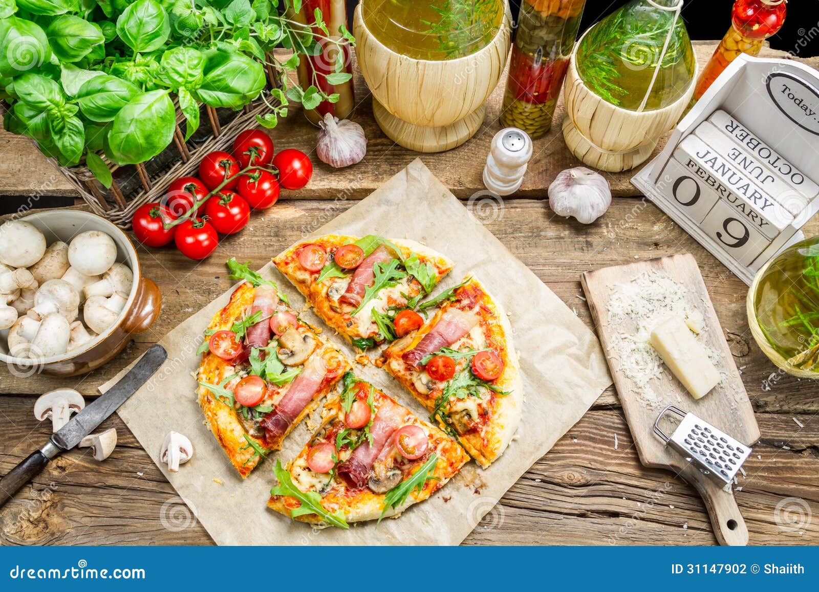 Split Baked Pizza with Fresh Vegetables Stock Photo - Image of fresh ...