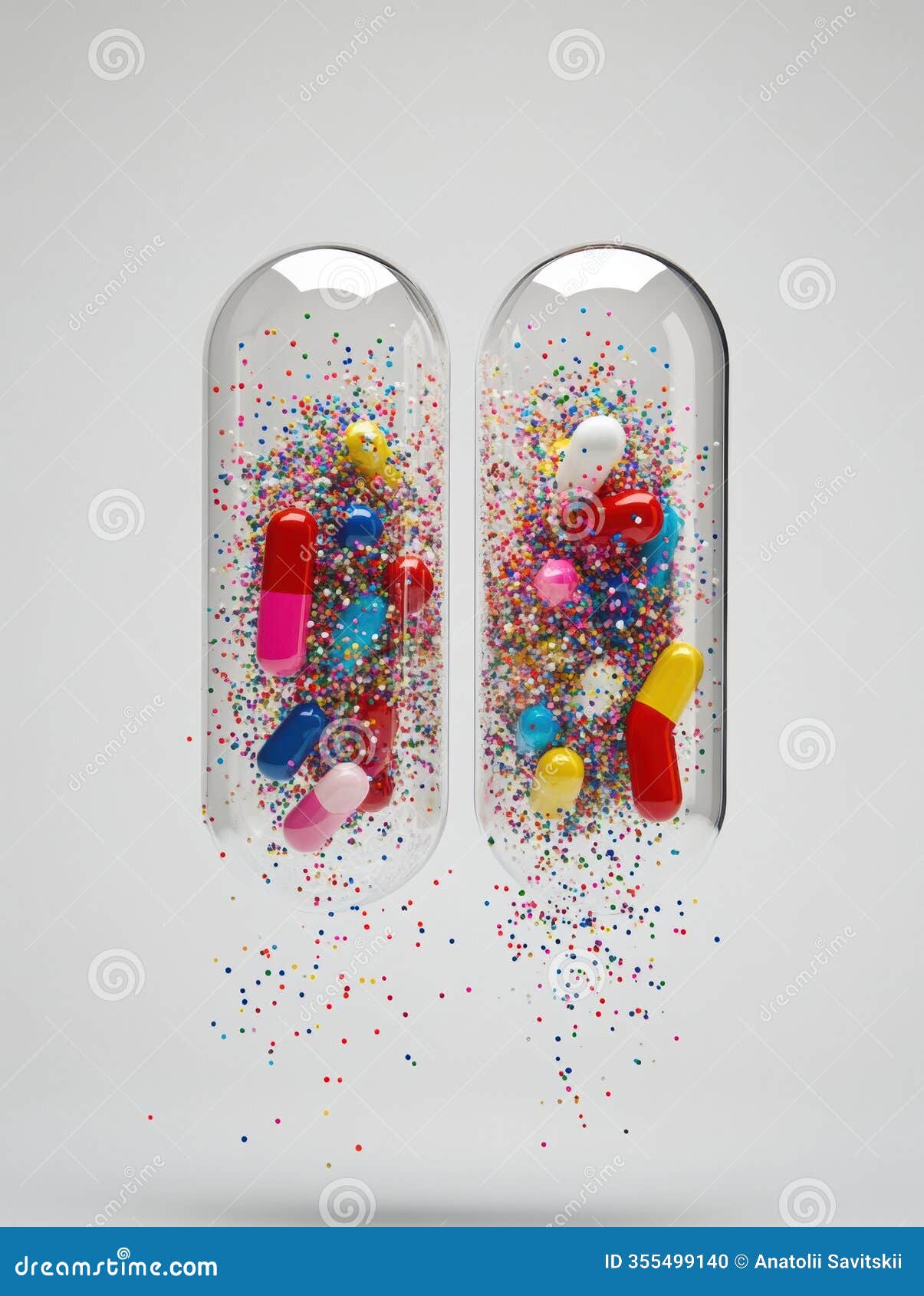 Colorful Particles Spill from a Split Capsule Creating a Vibrant ...