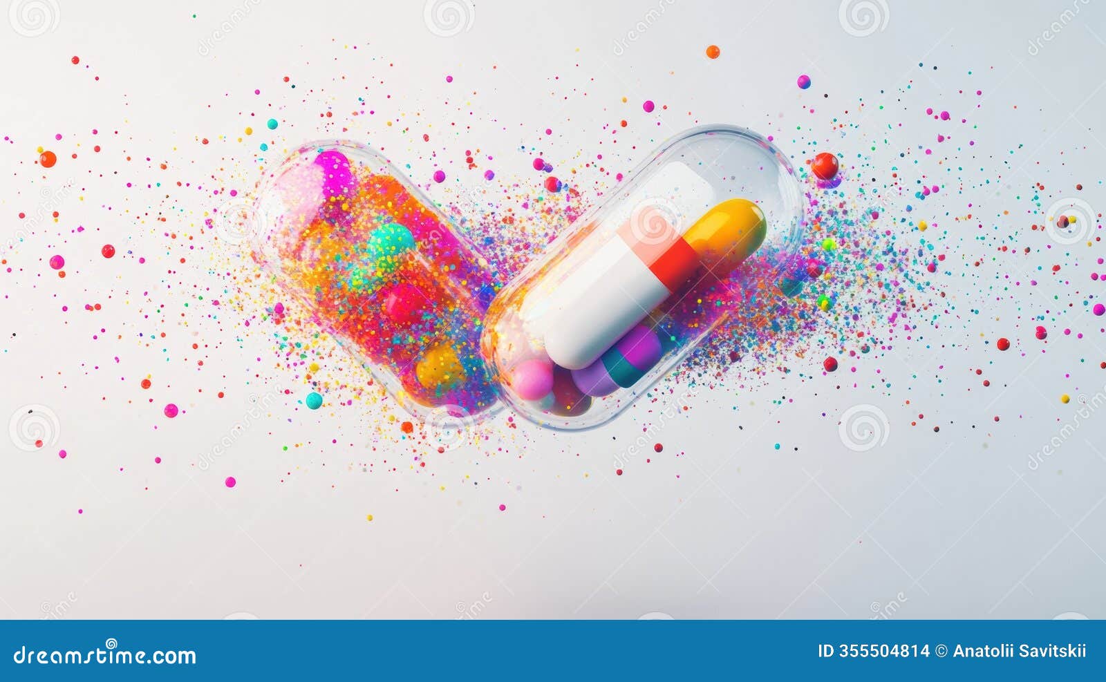 Colorful Particles Spill Out of a Split Capsule Creating a Vibrant ...