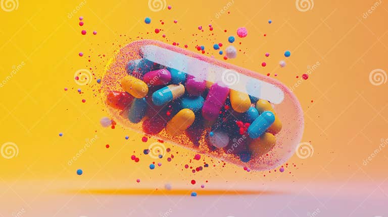 Colorful Capsule Bursts Open Spilling Vibrant Particles Creating a ...