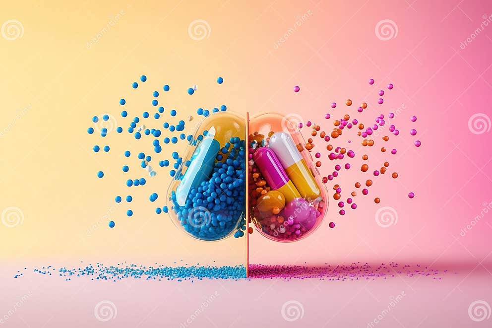 Colorful Particles Flow from a Split Capsule Against a Vibrant ...