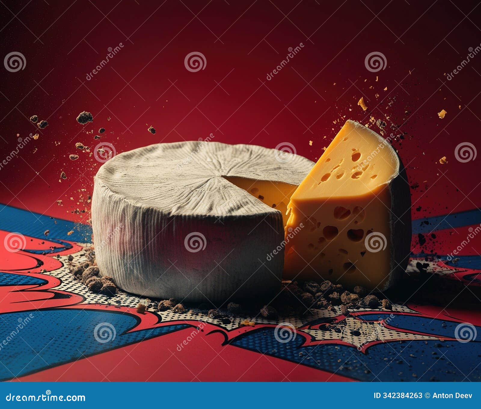 A Split Cheese Wheel on a Vibrant Comic Book Background with Particles ...