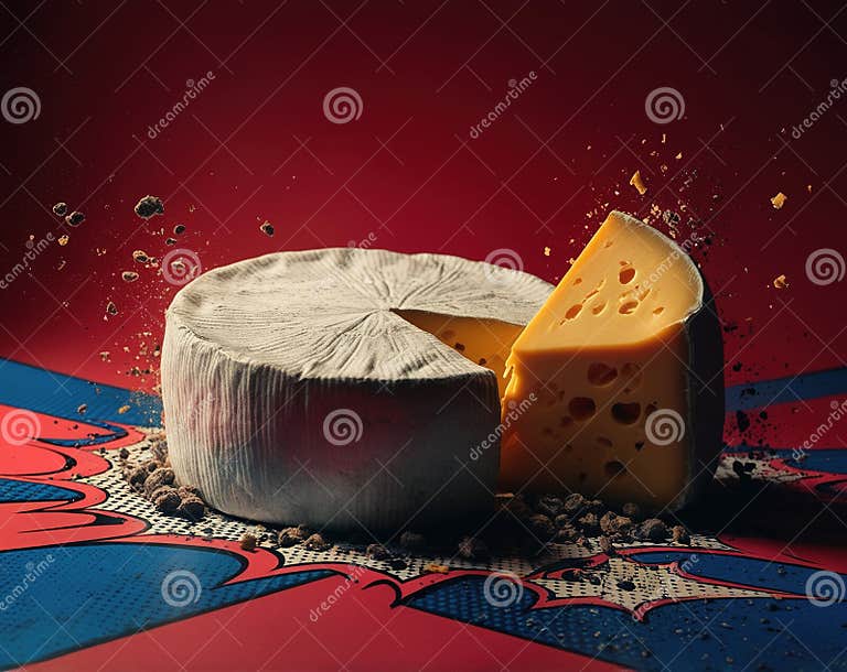 A Split Cheese Wheel on a Vibrant Comic Book Background with Particles ...