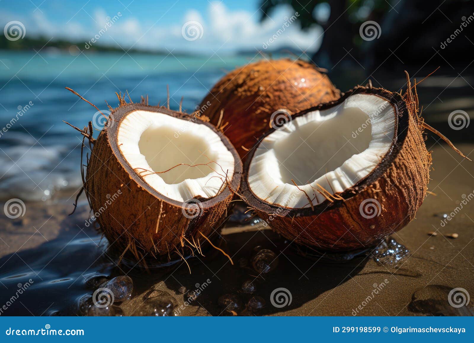 Split Coconut on the Sandy Beach Ocean Shore with Palm Trees Stock ...