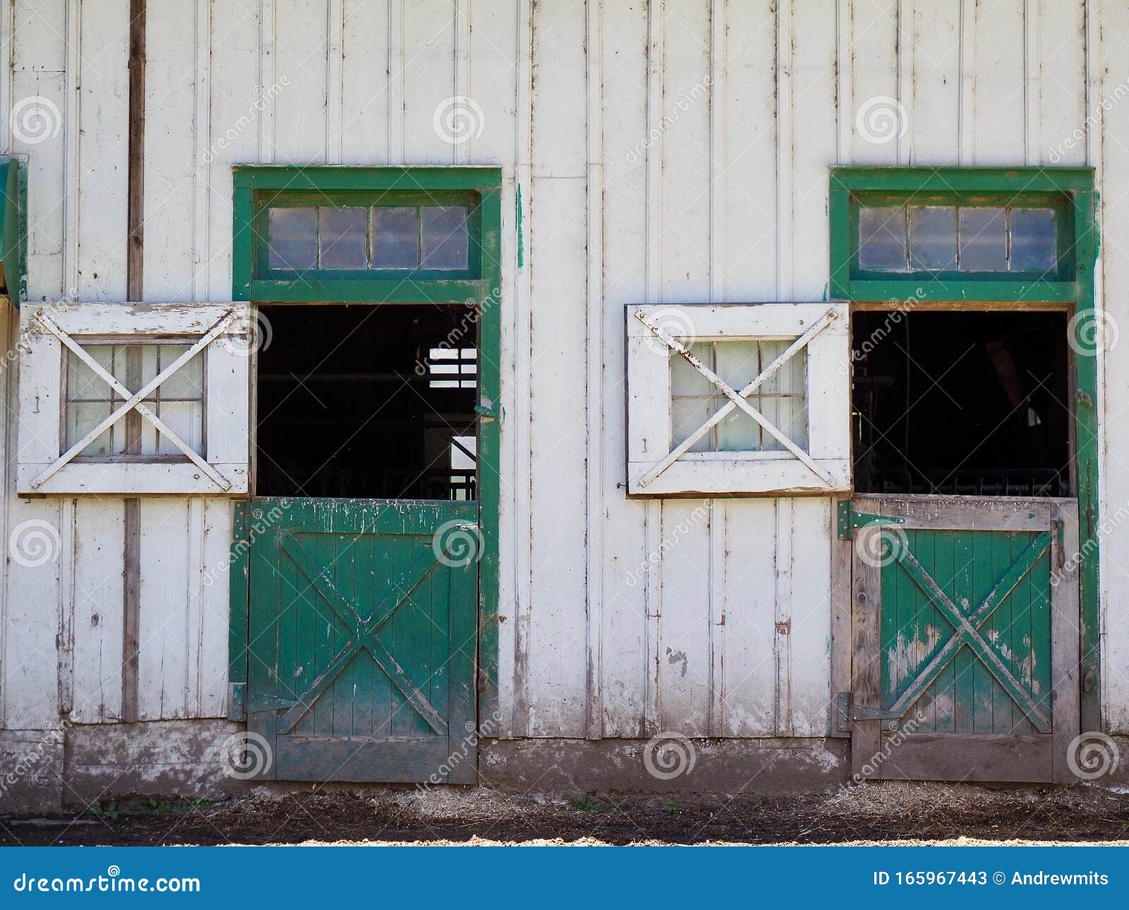 Green Doors in Weathered White Barn Stock Image - Image of white ...