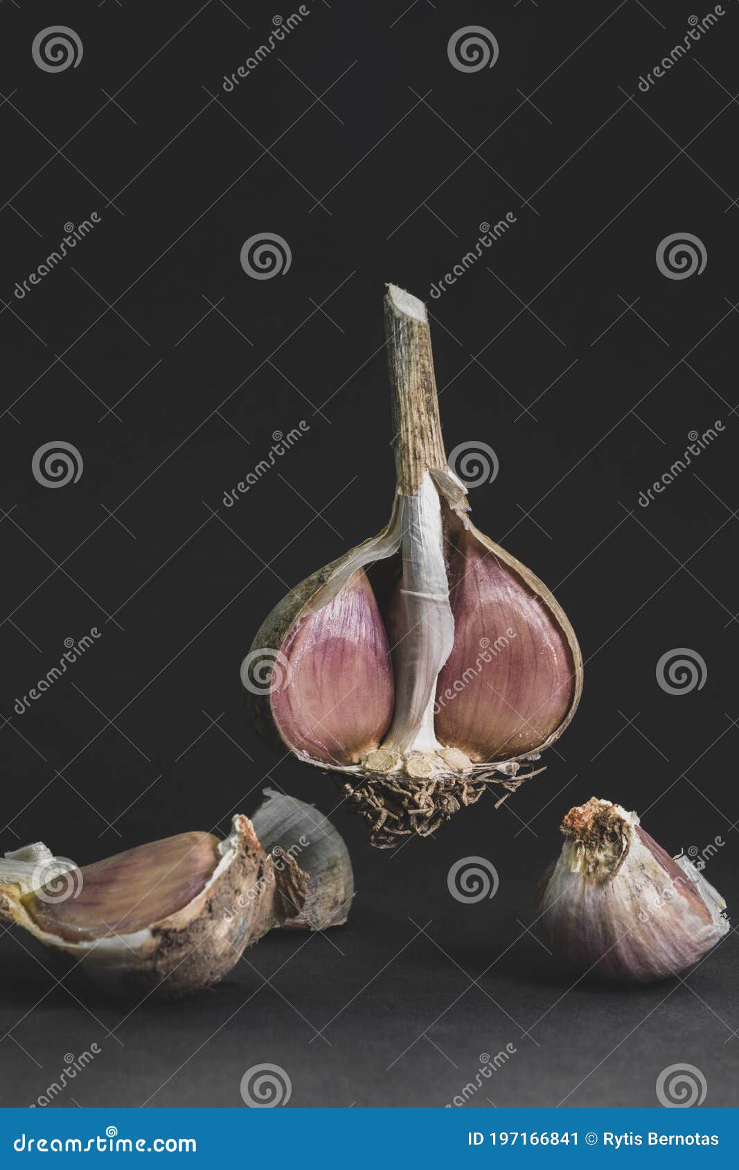 Split in Half Garlic Head Floating on Black Background Stock Image ...
