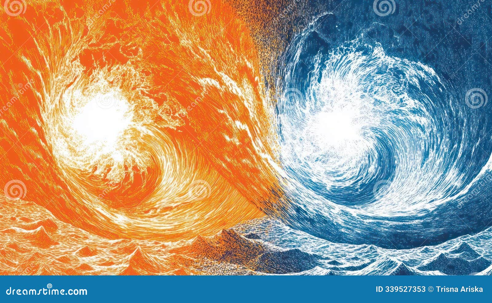 A Split Image Depicting Contrasting Fiery and Icy Waves, Symbolizing ...