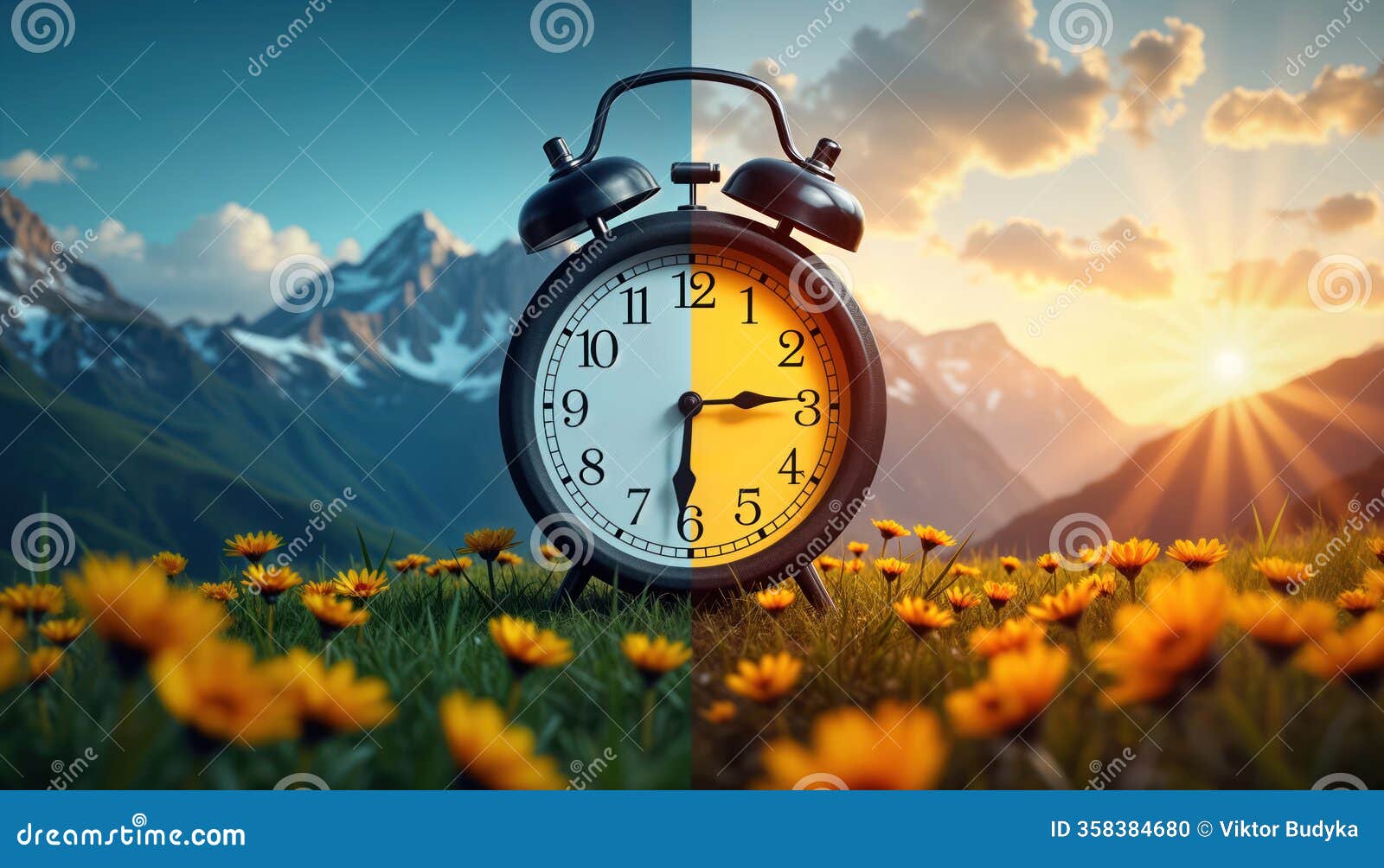 Split Image Displays Daylight Saving Time Concept. Clock Face Shows Day ...