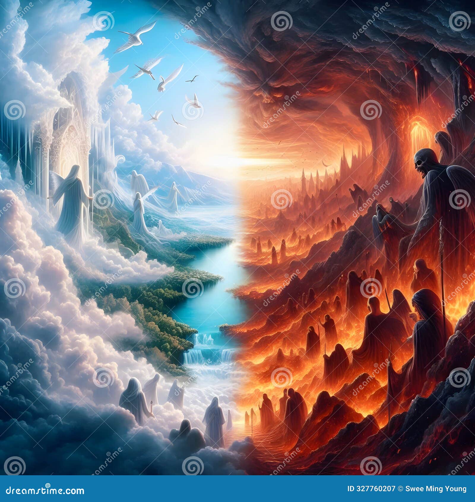 Split Image of the Heaven Verses Hell Where Heaven is Serene Landscape ...