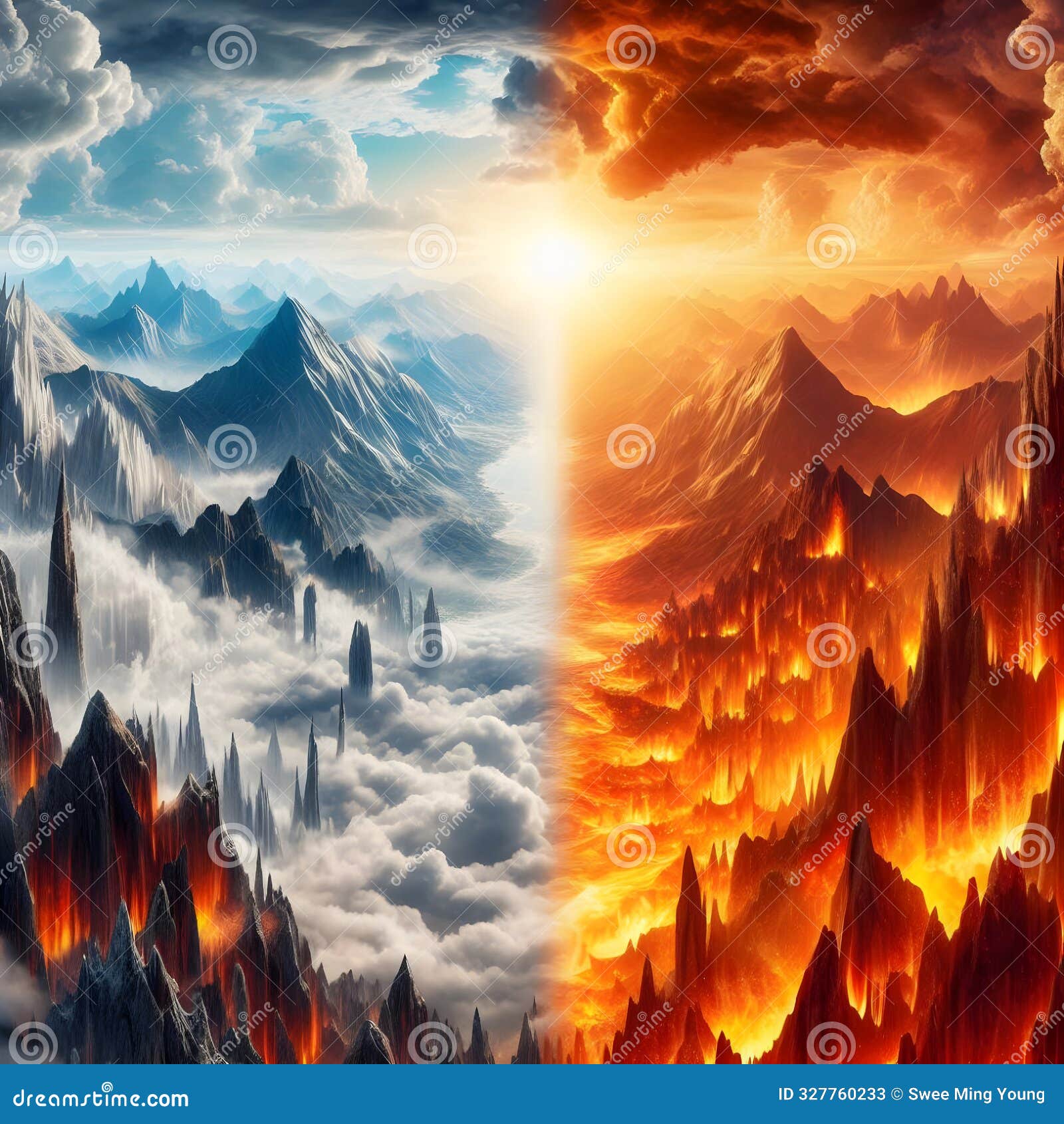 Split Image of the Heaven Verses Hell Where Heaven is Serene Landscape ...