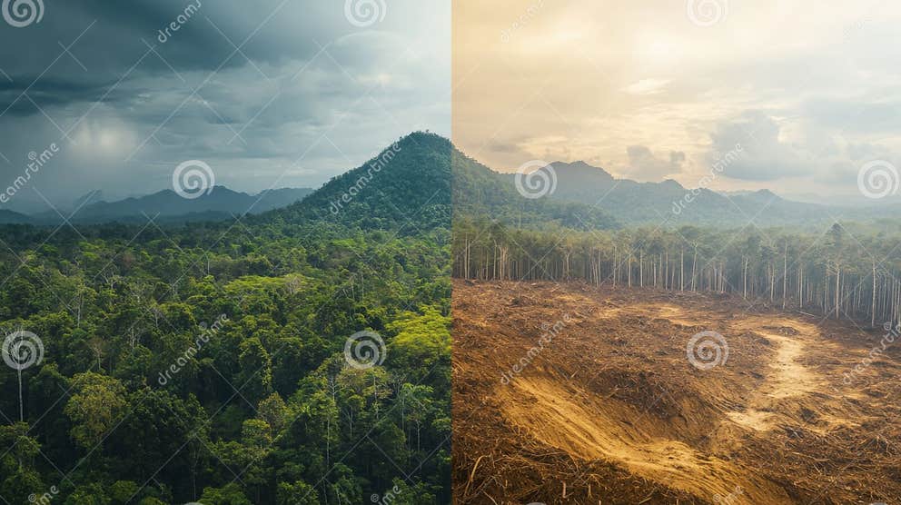 A Split Image of a Lush Forest and a Deforested Area Stock Illustration ...