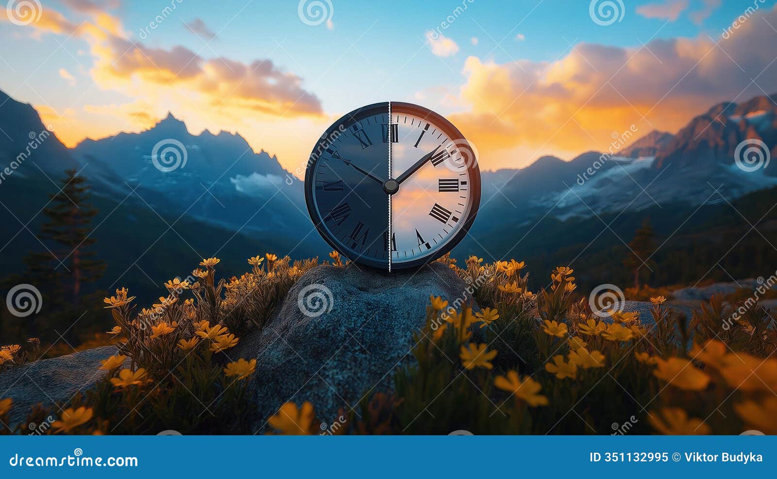 Split Image Shows Day, Night Side Of Clock. Clock Face In Mountain ...