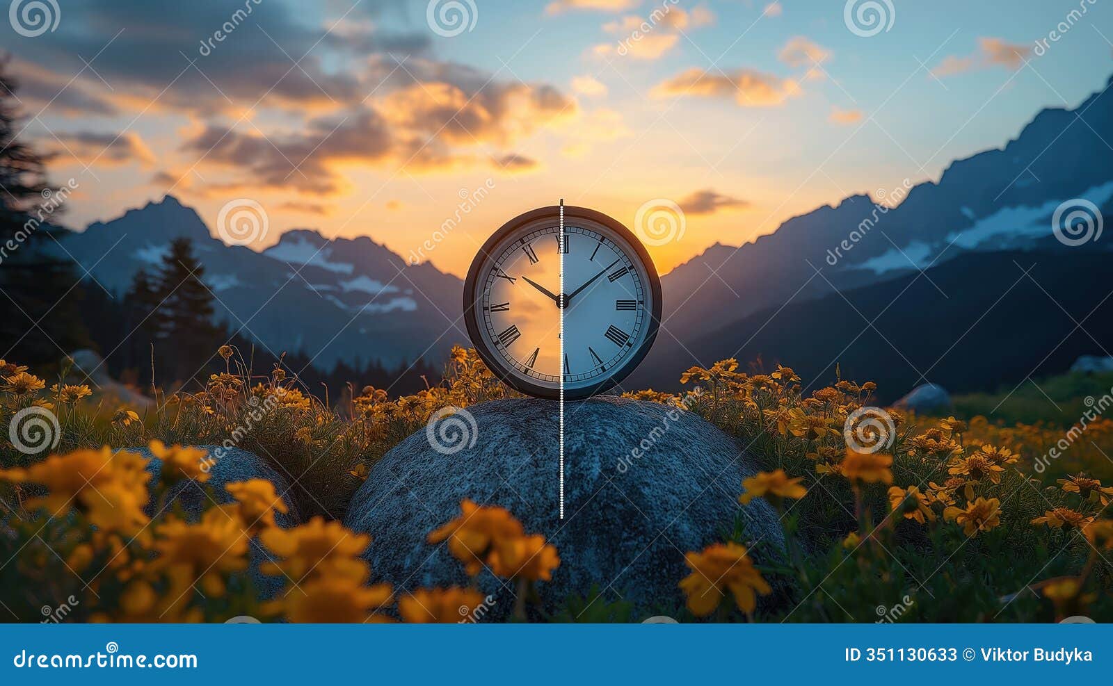 Split Image Shows Day, Night Sides Of Daylight Saving Time. Clock In Center Of Meadow With ...