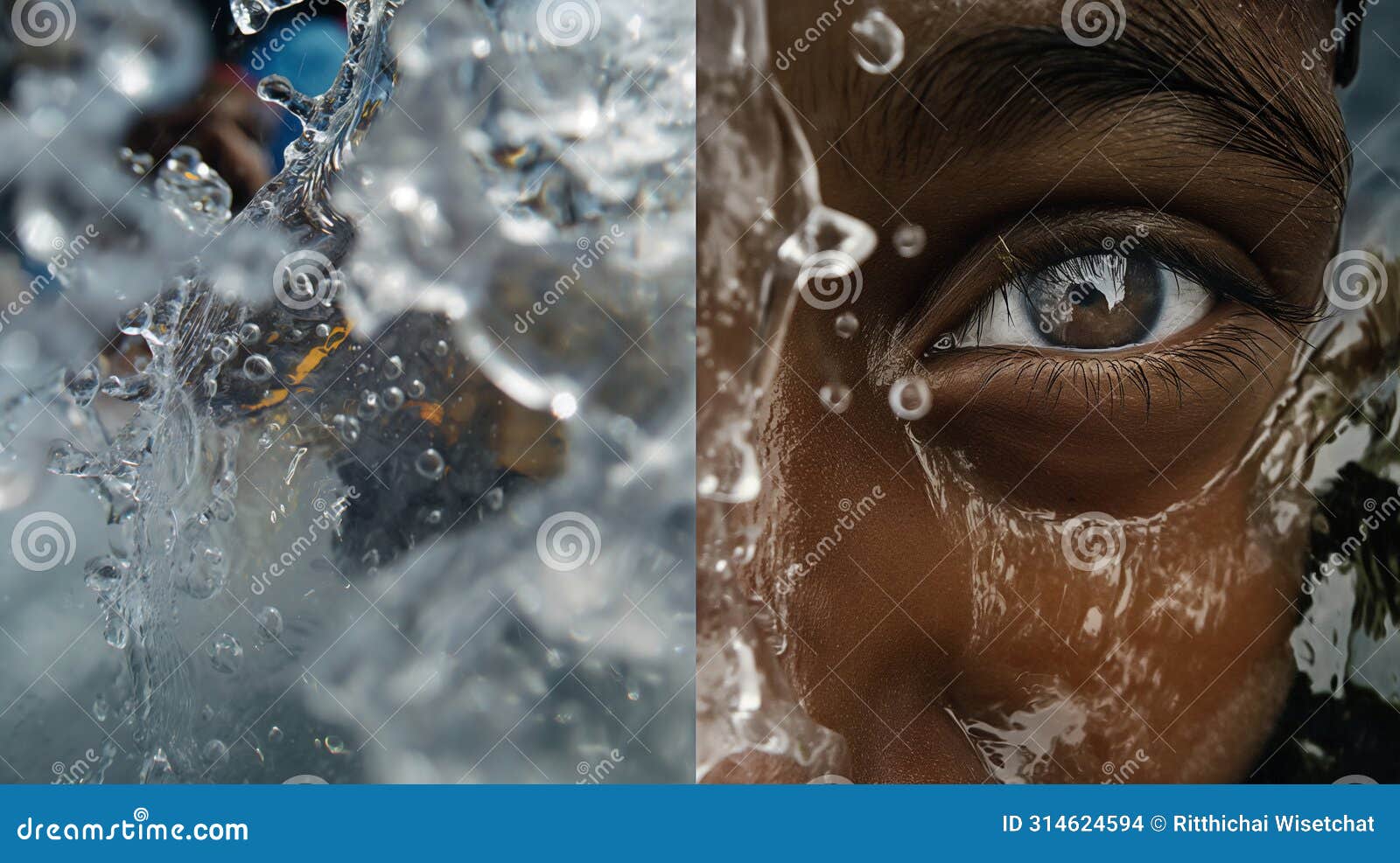 Split Image of Sparkling Water and a Close-up of an Eye with Water ...