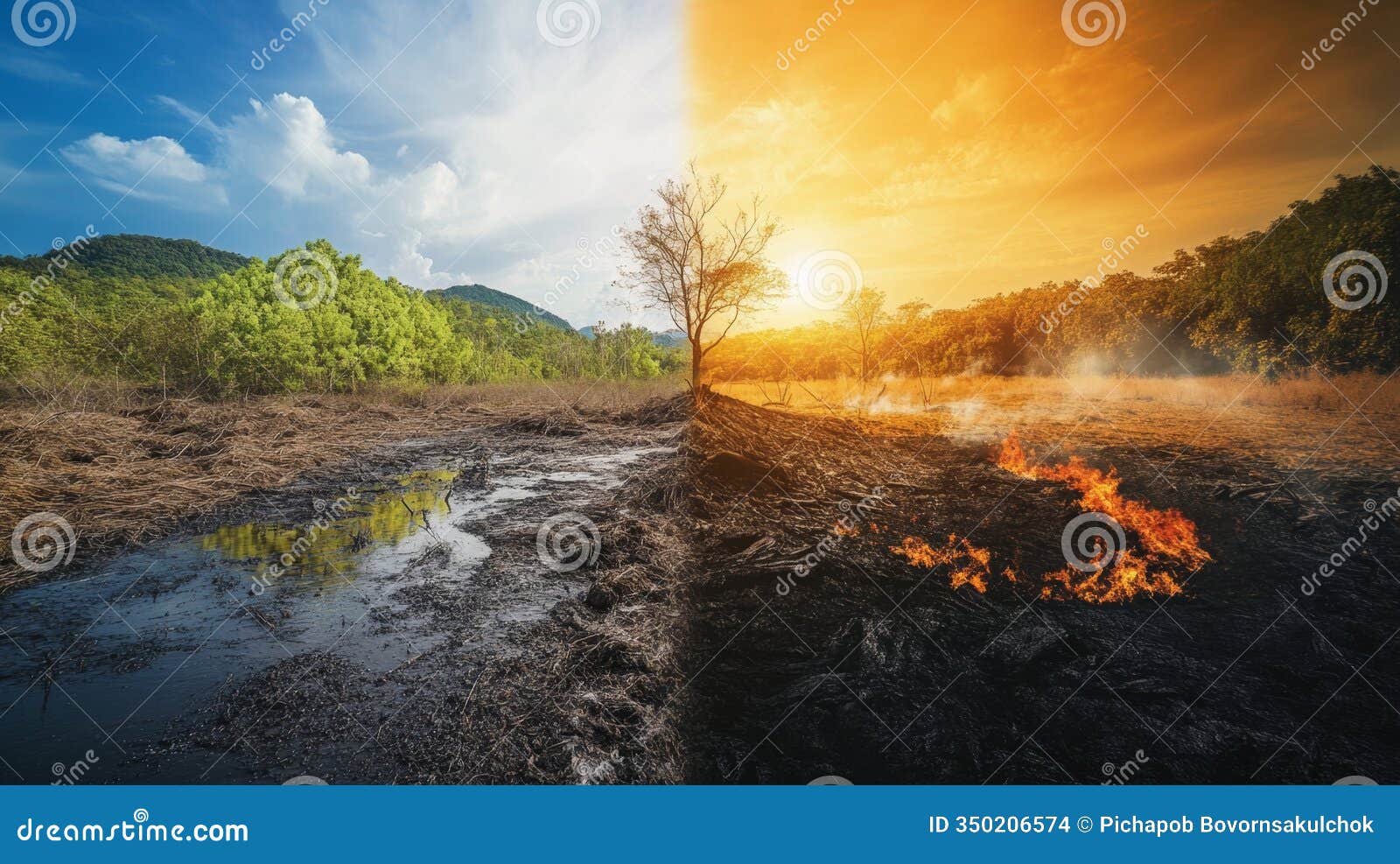 Split Image of Thriving Ecosystem and Devastated Landscape Stock Photo ...