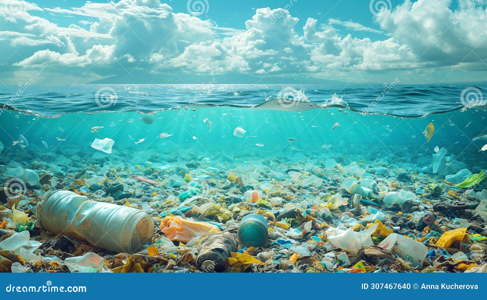 Split-level View of Ocean with Underwater Plastic Pollution Stock ...