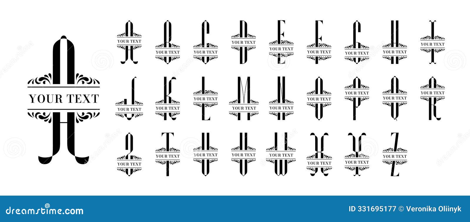 Split Monogram. Retro Initial Capital Letters with Ornate Text Frame ...