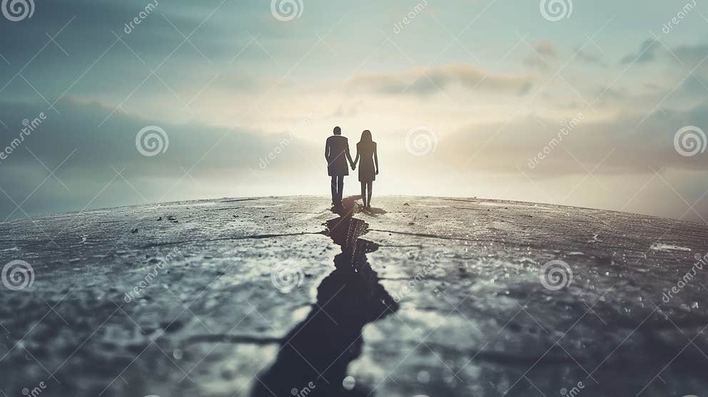 A Split Path with Two Figures Walking in Opposite Directions Stock ...