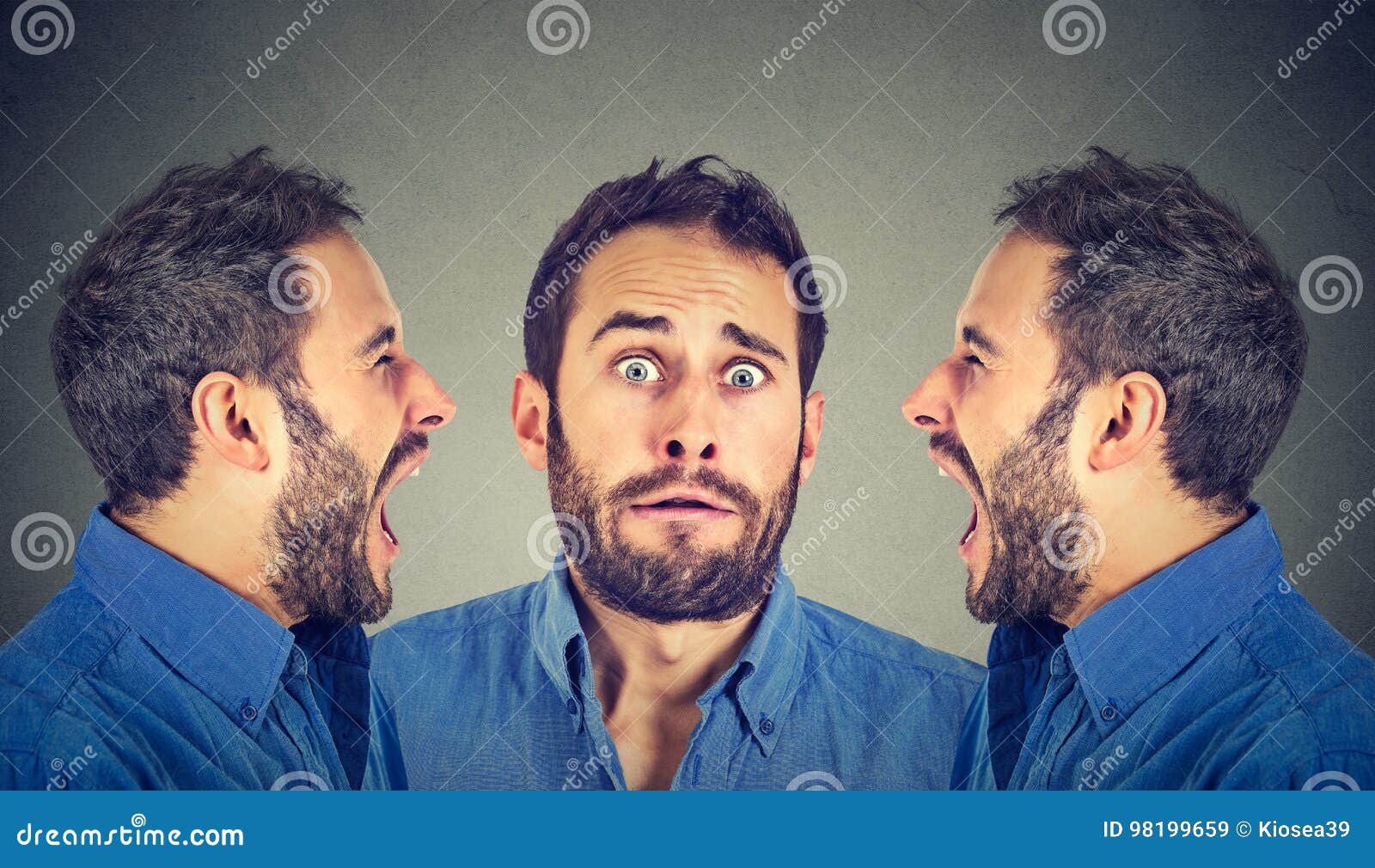 Split Personality. Two Angry Men Screaming at Scared Himself Stock ...