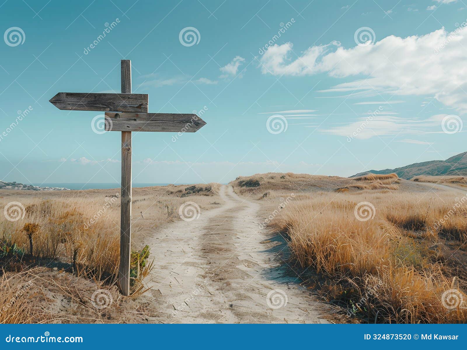 Wooden Signpost on Split Road with Two Directions Stock Illustration ...